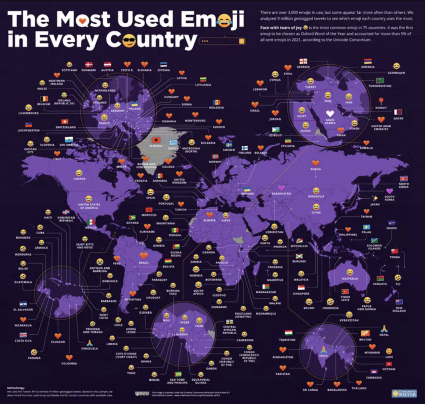 unocero - Este mapa revela cuál es el emoji más usado en el mundo y en ... unocero - Este mapa revela cuál es el emoji más usado en el mundo y en ...